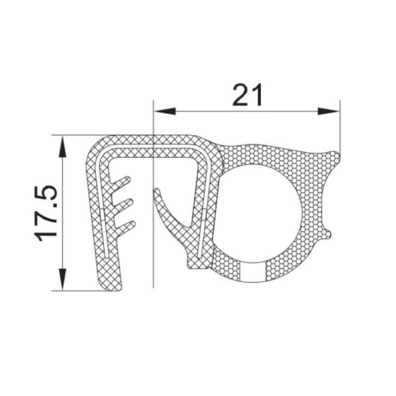 Rubber Klemprofiel met mosrubber kraal | 17.1x21mm | 5-9mm klembereik