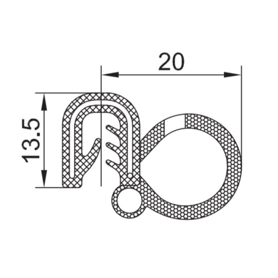 Rubber Klemprofiel met mosrubber kraal | 13.5x20mm | 2mm klembereik